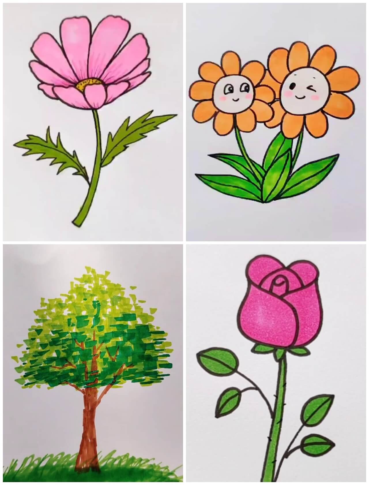 Easy Flower Drawings with Colors - Kids Art & Craft