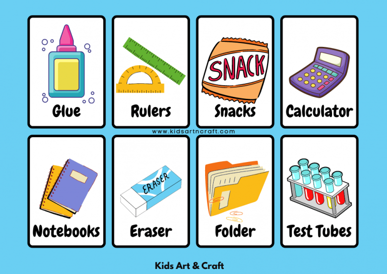 School Supplies Flashcard Sheets – Free Printables - Kids Art & Craft