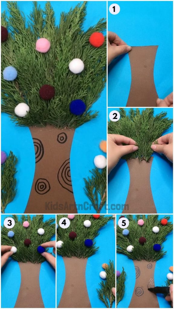 Easy Tree Craft Using Christmas Tree Leaves & Pom Poms - Kids Art & Craft