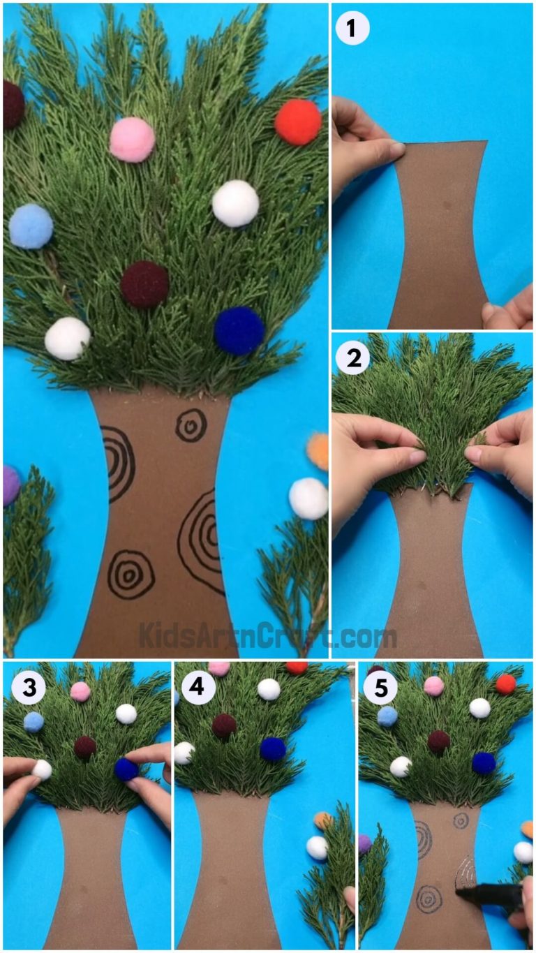 Easy Tree Craft Using Christmas Tree Leaves & Pom Poms - Kids Art & Craft