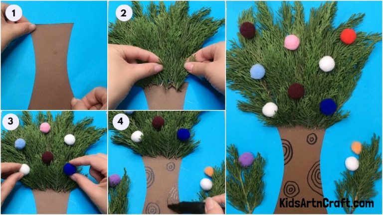 Easy Tree Craft Using Christmas Tree Leaves & Pom Poms - Kids Art & Craft