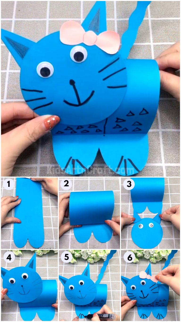 Cute Blue Paper Cat Craft - Step by Step Tutorial - Kids Art & Craft