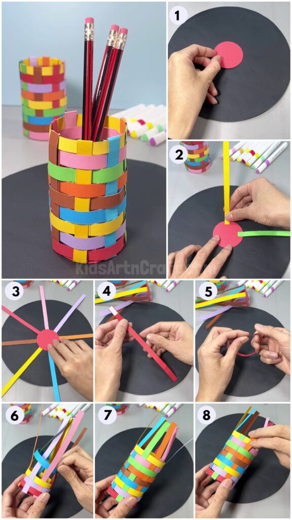 How to make a Pen Pencil Holder Craft Using Paper Strips - Kids Art & Craft