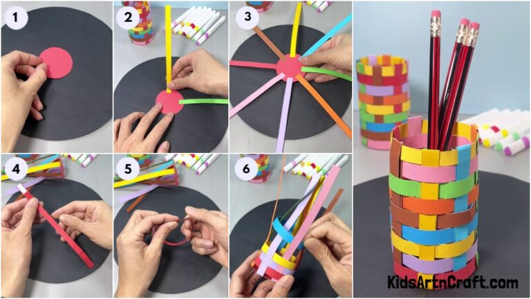 How to make a Pen Pencil Holder Craft Using Paper Strips - Kids Art & Craft
