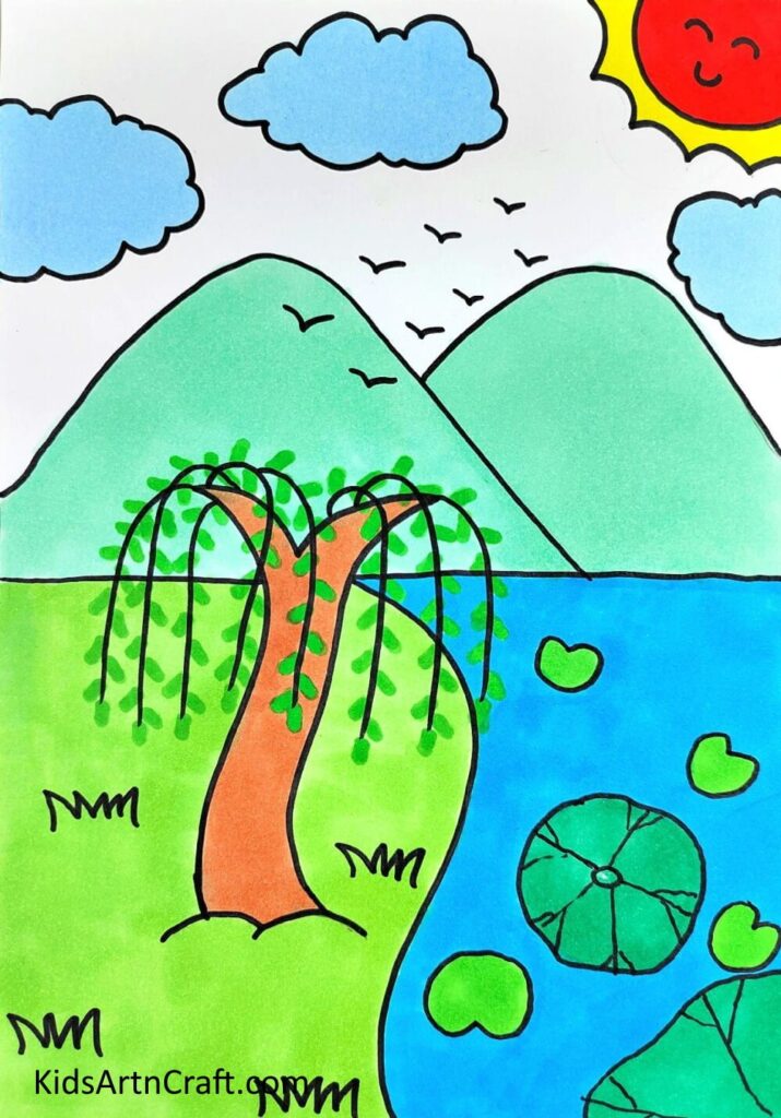 Beautiful Hill Drawing and Scenery For Kids - Kids Art & Craft
