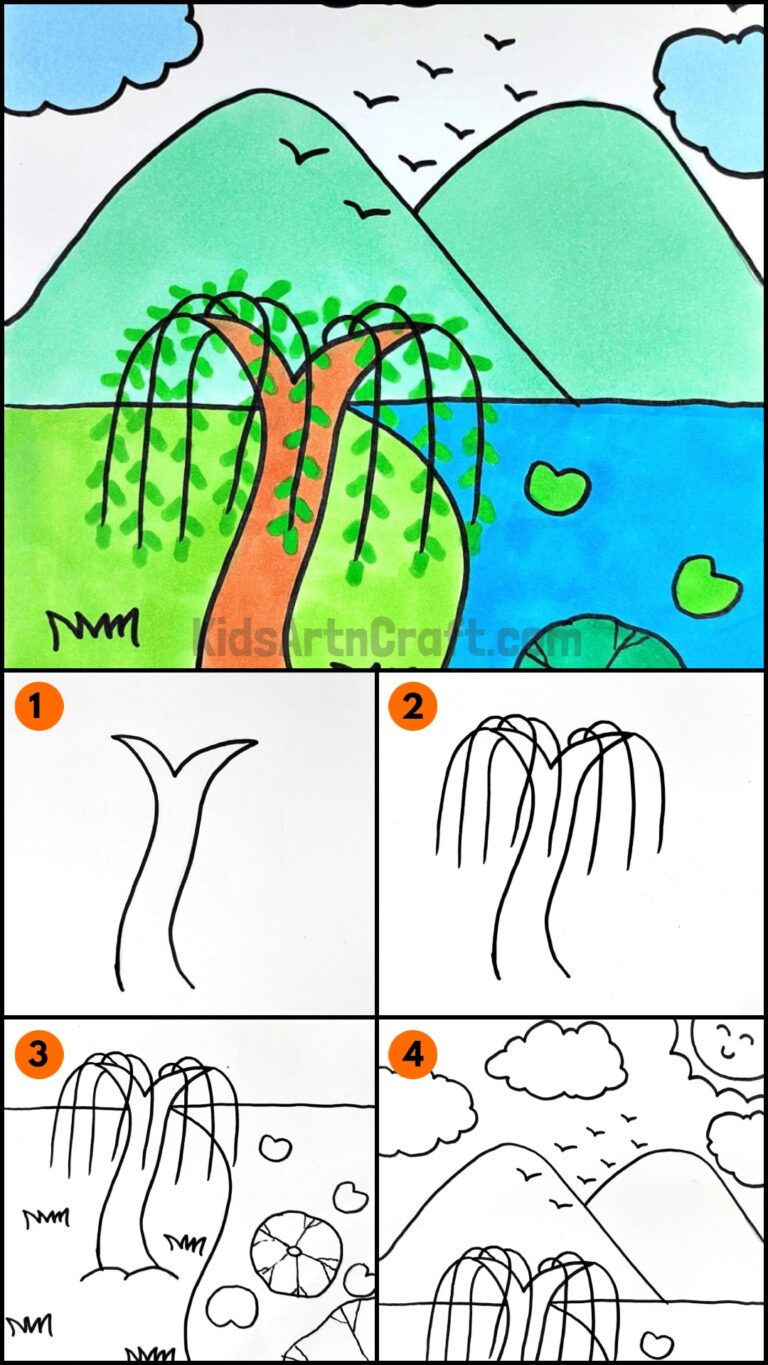 Beautiful Hill Drawing and Scenery For Kids - Kids Art & Craft