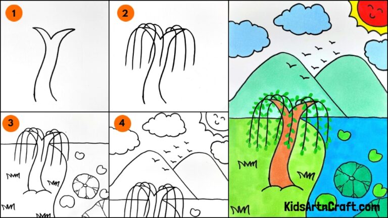 Beautiful Hill Drawing and Scenery For Kids - Kids Art & Craft