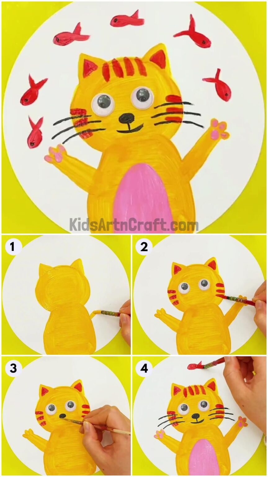 Cat Catching Fish Step-by-step Art Tutorial For Kids - Kids Art & Craft