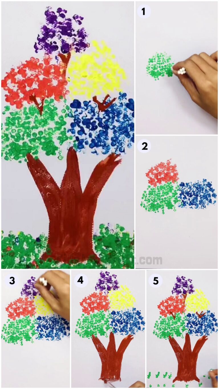Colorful Tree Painting with Ear buds - Kids Art & Craft