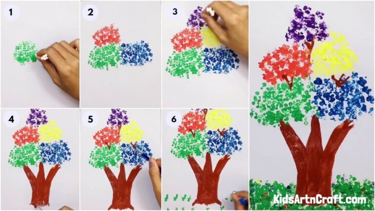 Colorful Tree Painting with Ear buds - Kids Art & Craft