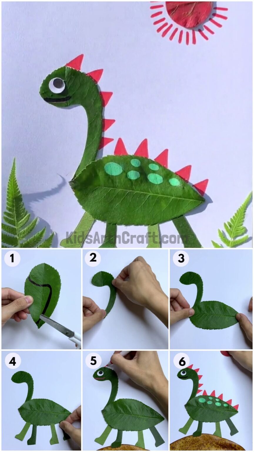 DIY Leaf Art Dinosaur Step by Step Tutorial For Kids - Kids Art & Craft