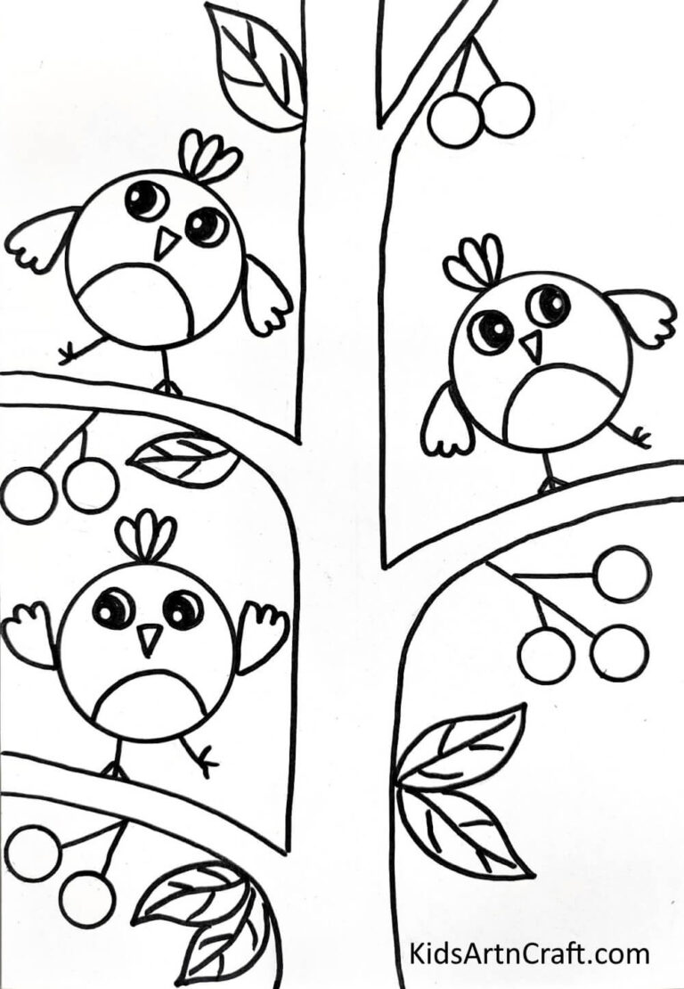 Easy Drawing of Birds on a Cherry Tree - Kids Art & Craft