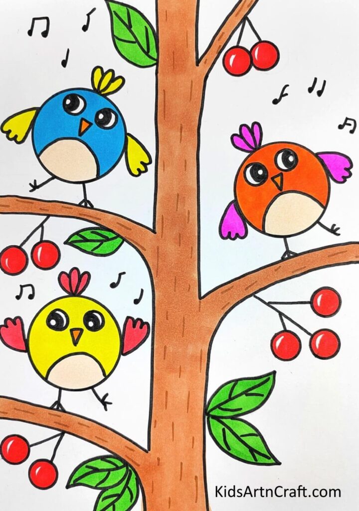 Easy Drawing of Birds on a Cherry Tree - Kids Art & Craft
