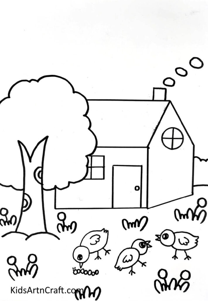 Easy House Tree Scenery Step by Step Drawing - Kids Art & Craft