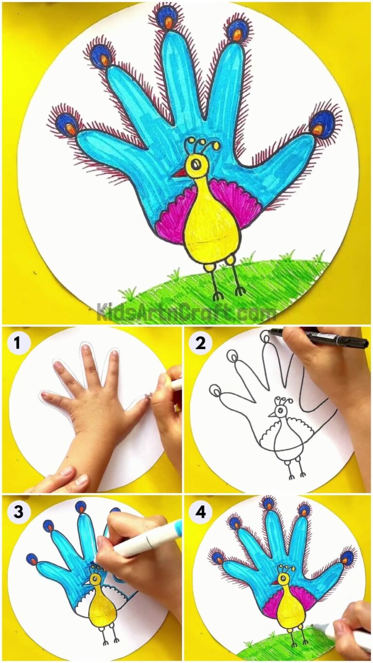 Easy Peacock Drawing From Hand Outline Artwork Tutorial For Kids - Kids ...