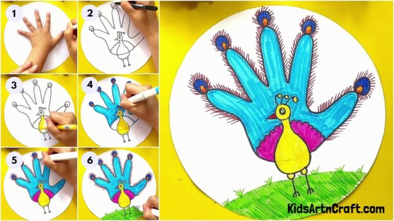 Easy Peacock Drawing From Hand Outline Artwork Tutorial For Kids - Kids ...