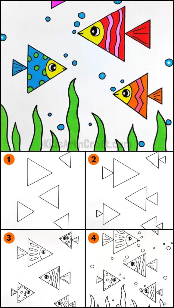 How To Draw Triangular Fishes Step By Step Tutorial - Kids Art & Craft