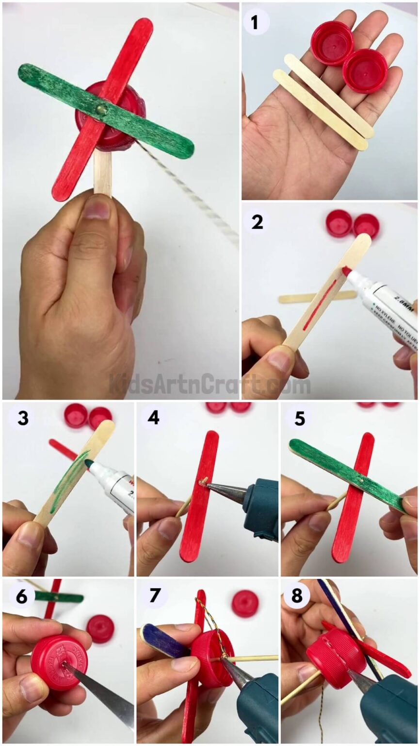 How to make Pinwheel from Popsicle Sticks And bottle cap - Kids Art & Craft