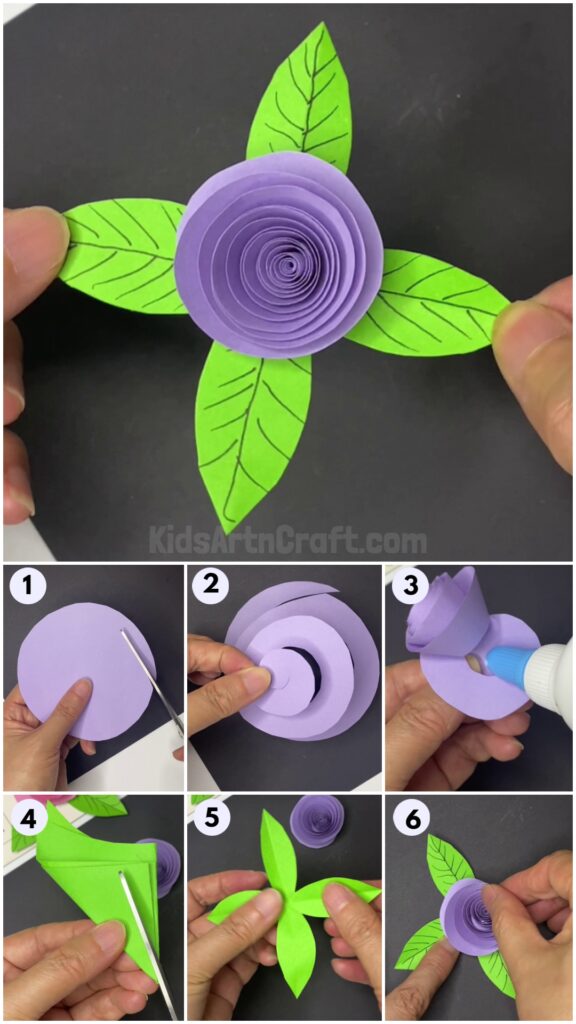 How to Make Purple Paper Flower With Leaves Tutorial - Kids Art & Craft