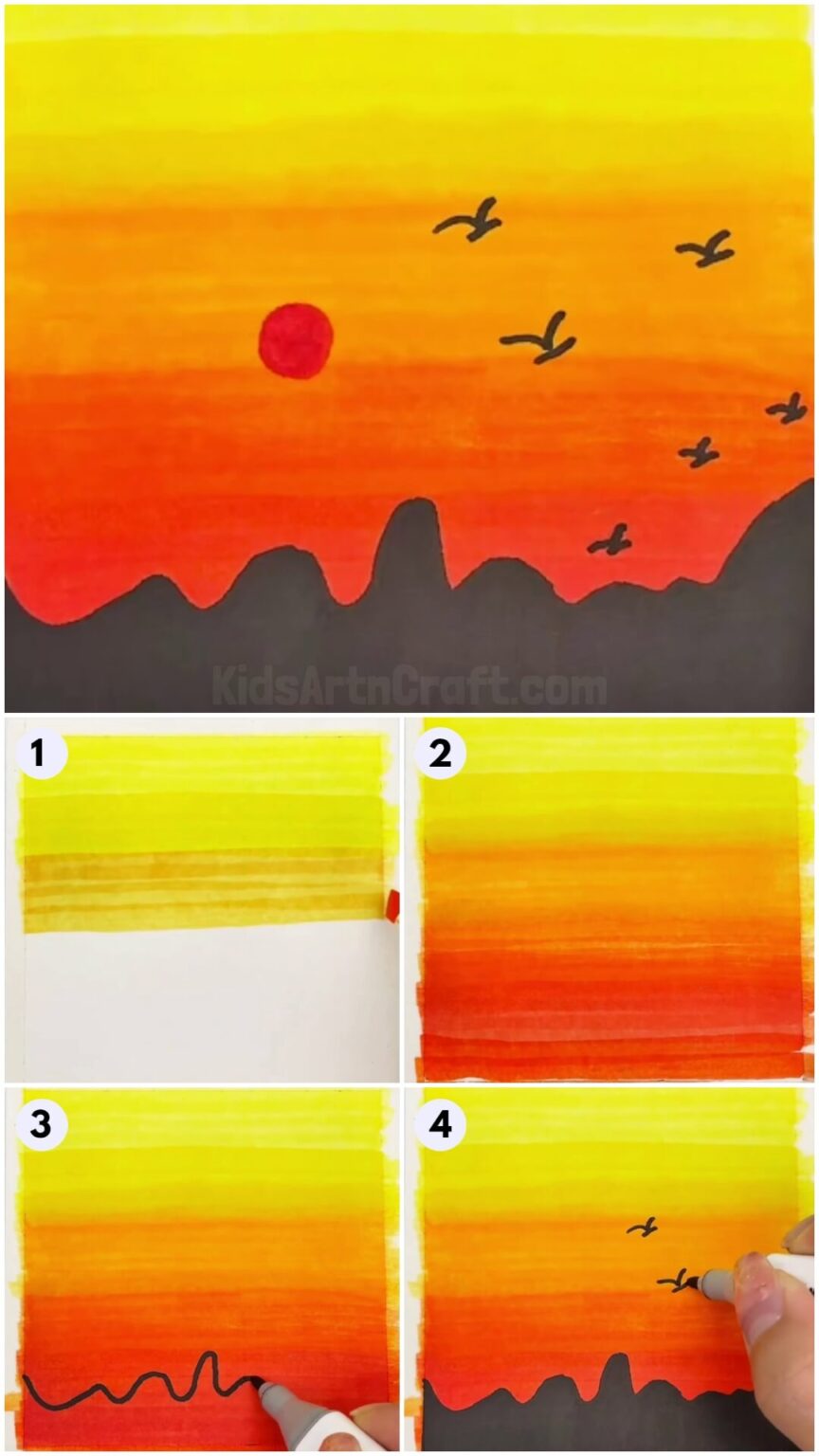 How To Make Sunset Scenery Art Tutorial For Beginners - Kids Art & Craft