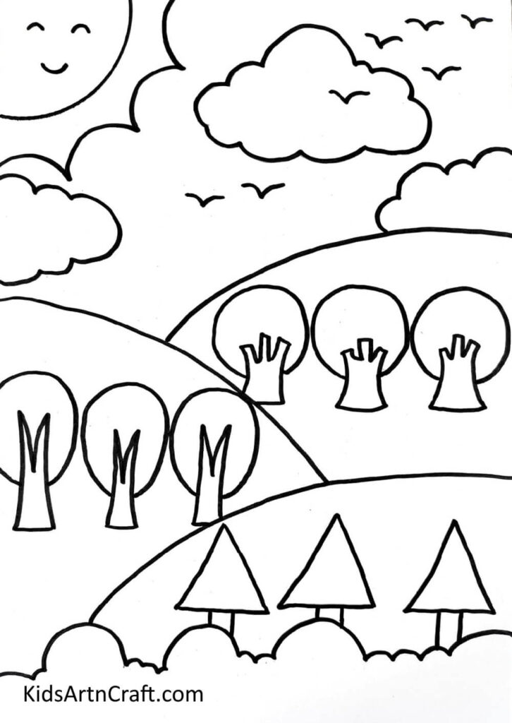Landscape Drawing Step by Step Tutorial for kids - Kids Art & Craft