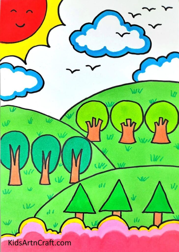 Landscape Drawing Step by Step Tutorial for kids - Kids Art & Craft