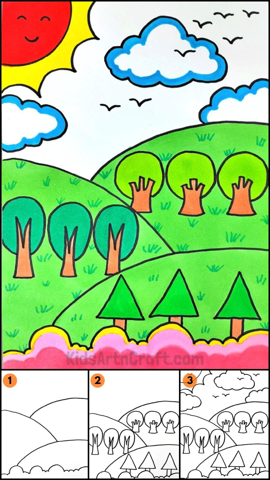 Landscape Drawing Step By Step Tutorial For Kids Kids Art Craft