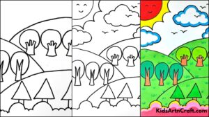 Landscape Drawing Step by Step Tutorial for kids - Kids Art & Craft