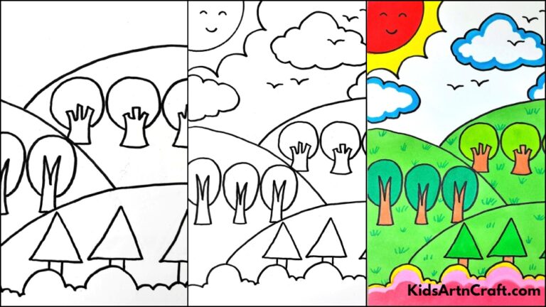 Landscape Drawing Step by Step Tutorial for kids - Kids Art & Craft
