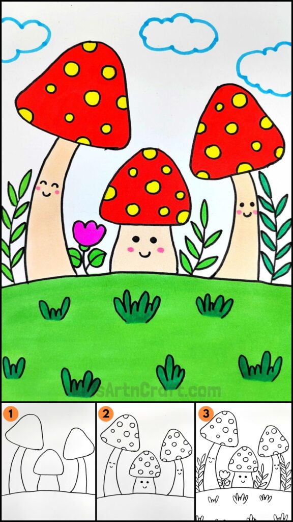 Mushroom Drawing Step by Step Tutorial For Kids - Kids Art & Craft