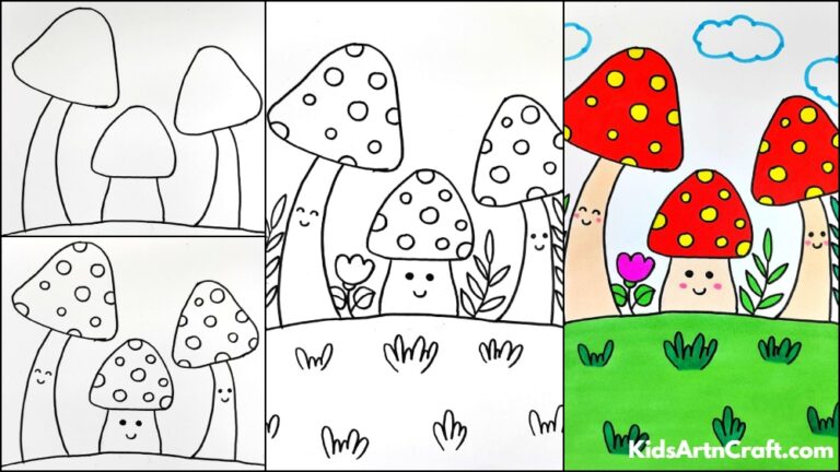 Mushroom Drawing Step by Step Tutorial For Kids - Kids Art & Craft