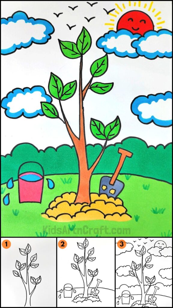 Planting a Tree Easy Drawing For Environment Day - Kids Art & Craft