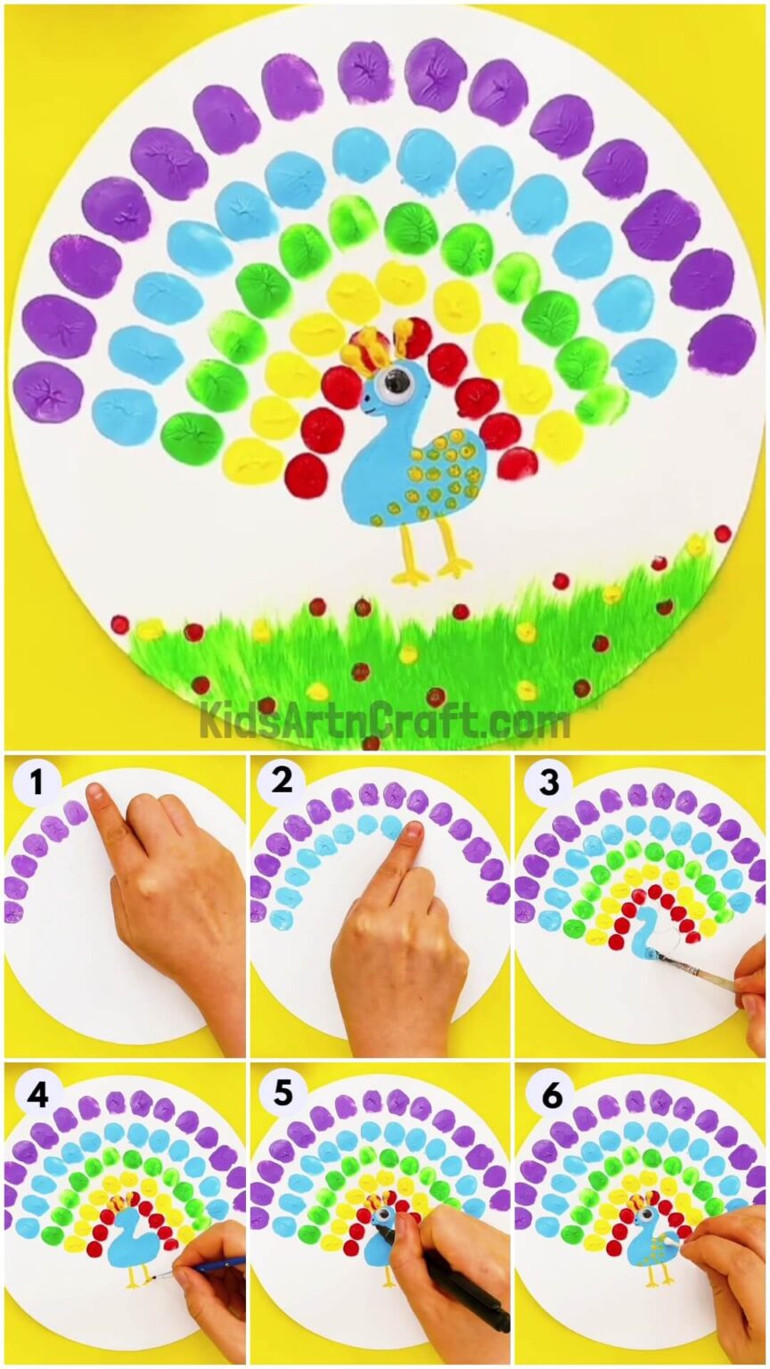 Pretty Peacock Finger Impression Painting Idea For Kids - Kids Art & Craft