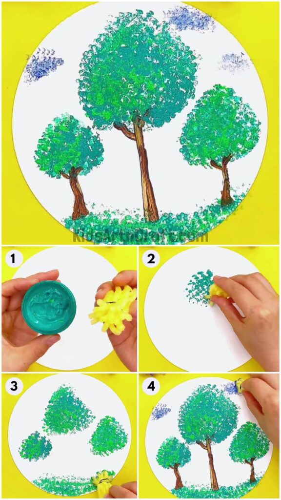 Realistic Tree Landscape Stamp Painting Using Fruit foam - Kids Art & Craft