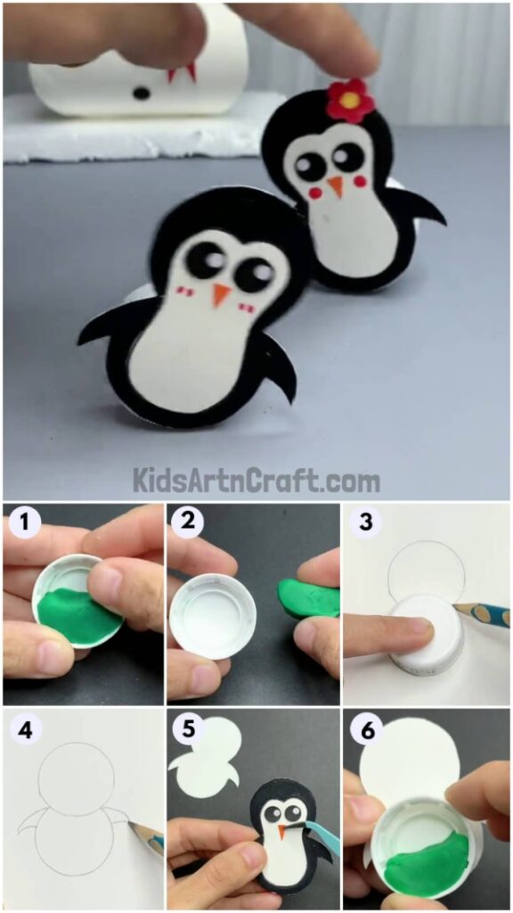 Rocking Paper Penguin Toy Using Bottle Cap And Clay - Kids Art & Craft