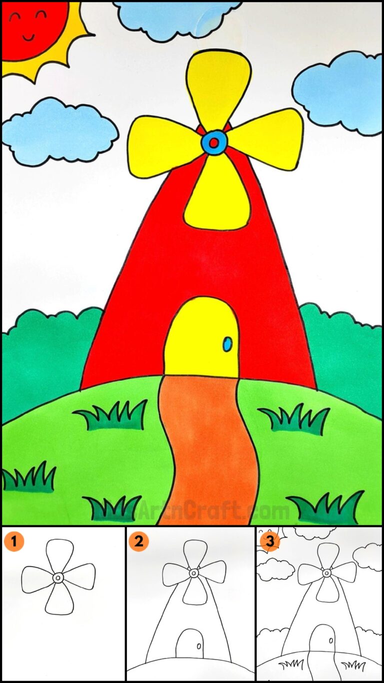 Windmill Drawing And Coloring Tutorial For Kids - Kids Art & Craft