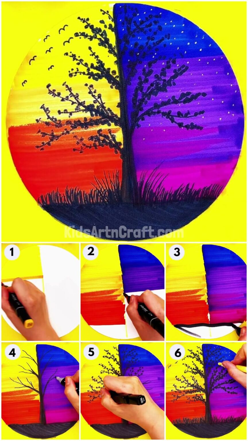 Tree Day And Night Sketch Pen Drawing Artwork - Kids Art & Craft