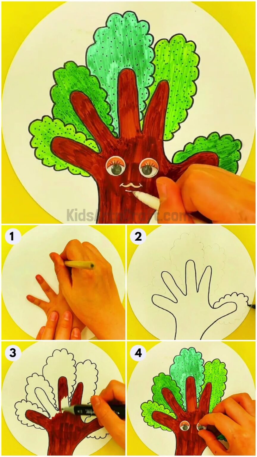 Amazing Tree Drawing From Hand Outline Step by Step Tutorial - Kids Art ...