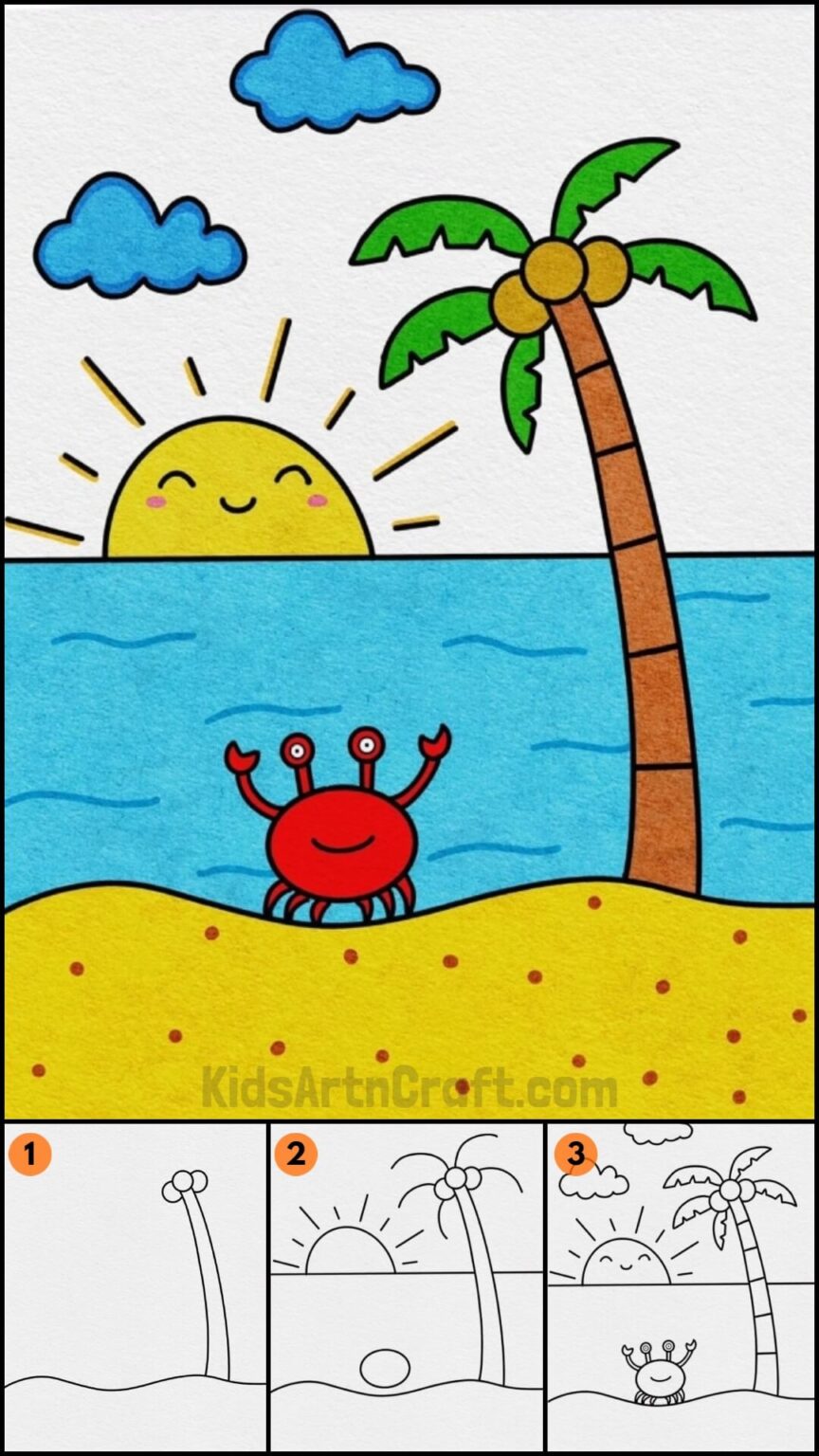 Beach Drawing And Coloring Art Tutorial For Kindergartners - Kids Art ...