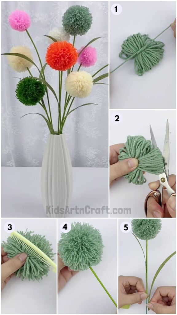 Colorful Thread Pom Pom Flowers Craft Making Tutorial For Kids - Kids ...
