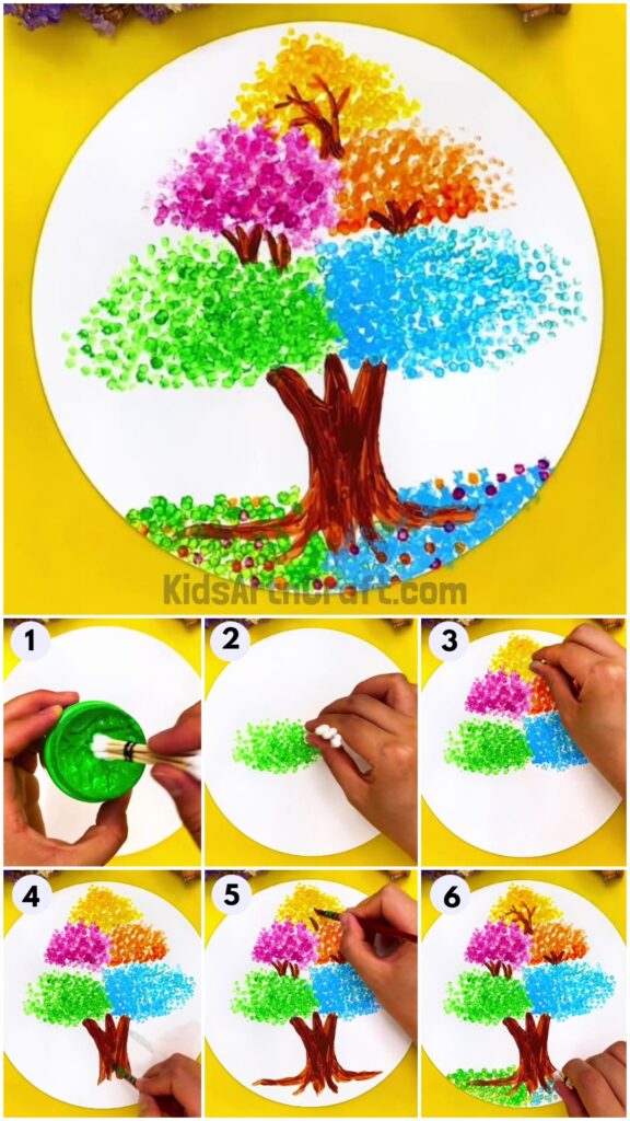 Colorful Tree Cotton Bud Painting Step-by-step Tutorial - Kids Art & Craft