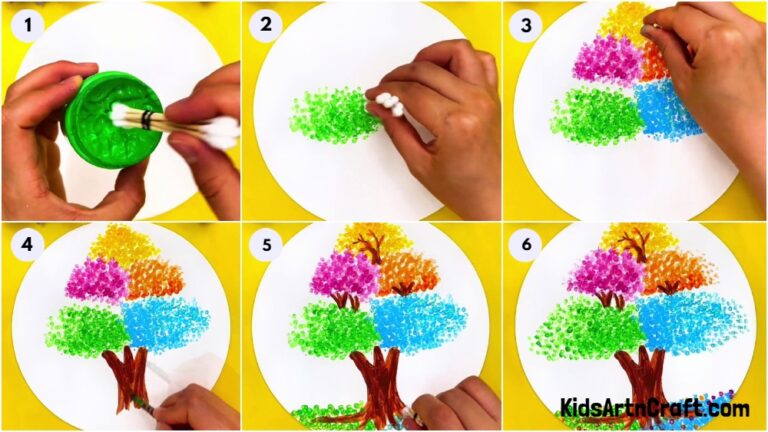 Colorful Tree Cotton Bud Painting Step-by-step Tutorial - Kids Art & Craft