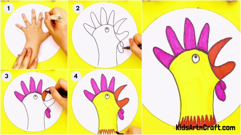 DIY Hand Outline Hen Face Drawing Tutorial for Kids - Kids Art & Craft
