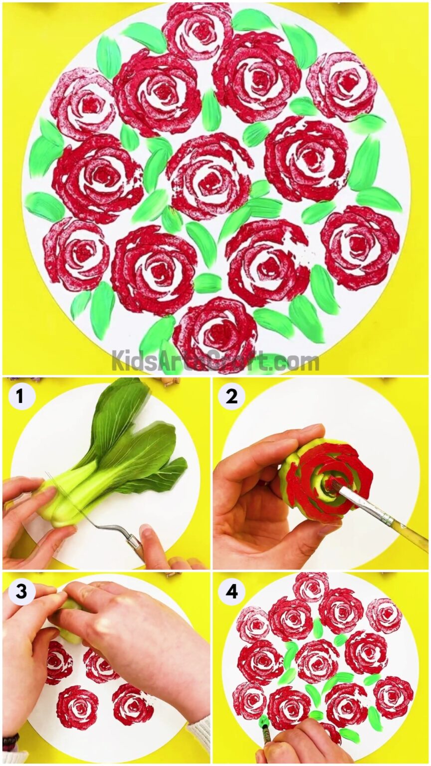 DIY Lettuce Stamp Roses Painting Art For Beginners - Kids Art & Craft