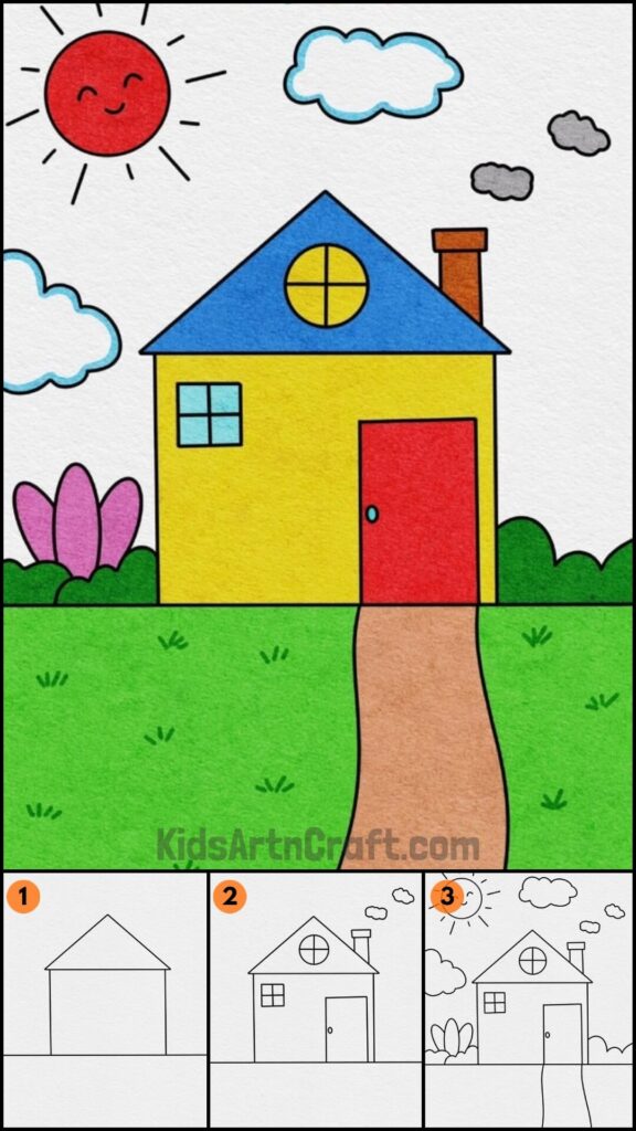 Easy House Landscape Drawing Tutorial For Beginners - Kids Art & Craft