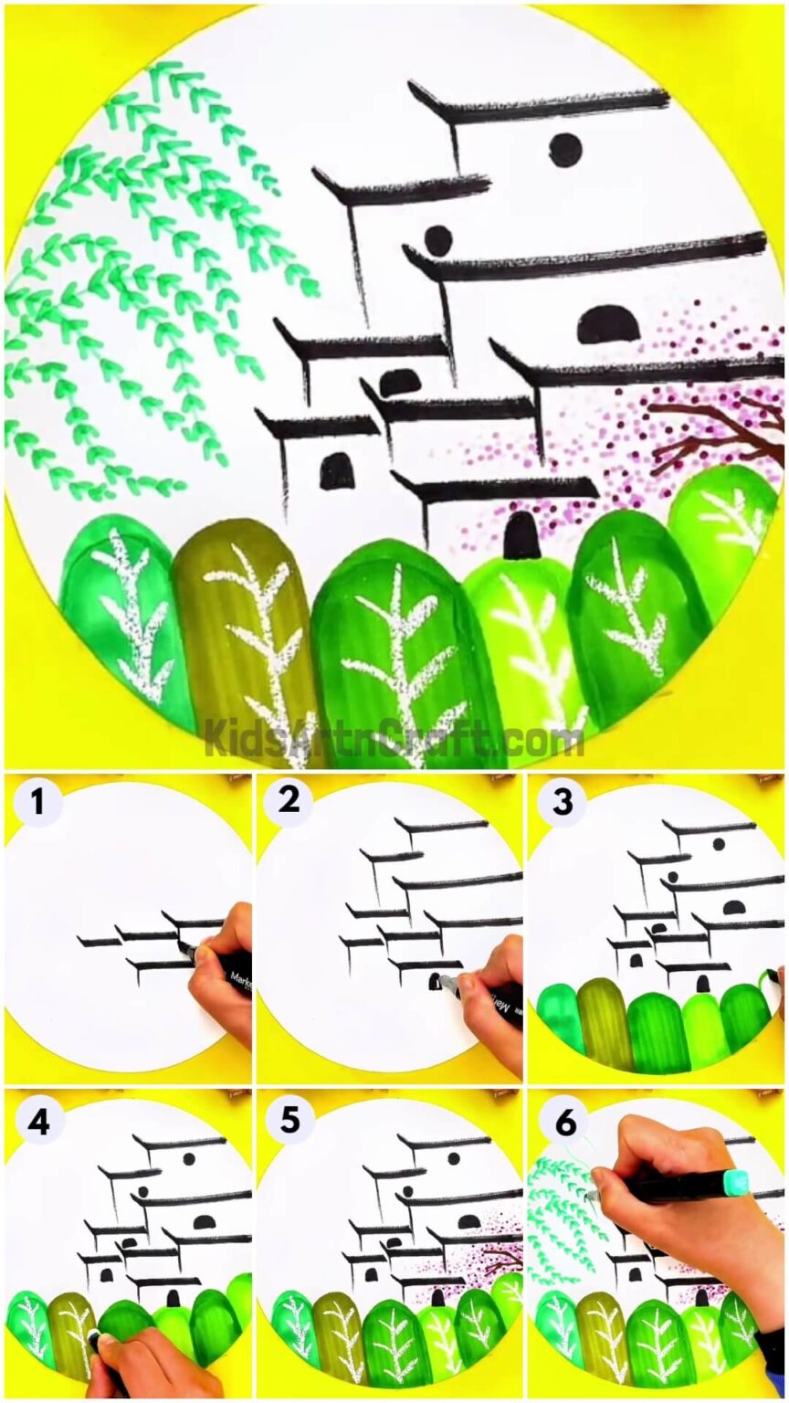 Easy Town Landscape Step-by-step Drawing For Kids - Kids Art & Craft