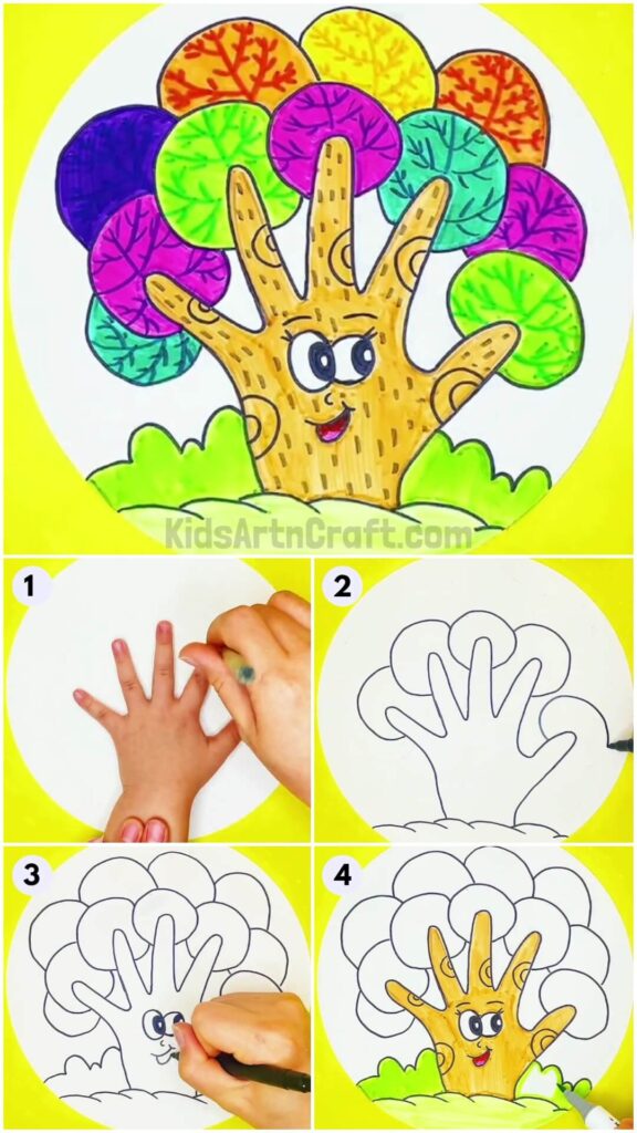 How To Make Tree From Hand Outline Step by Step Tutorial - Kids Art & Craft