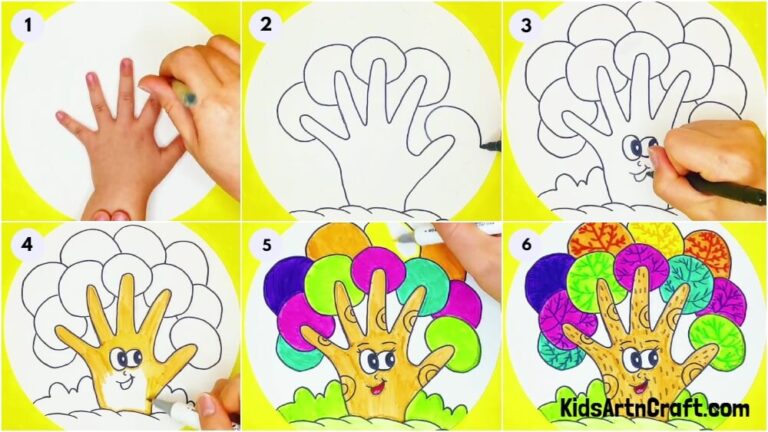 How To Make Tree From Hand Outline Step by Step Tutorial - Kids Art & Craft