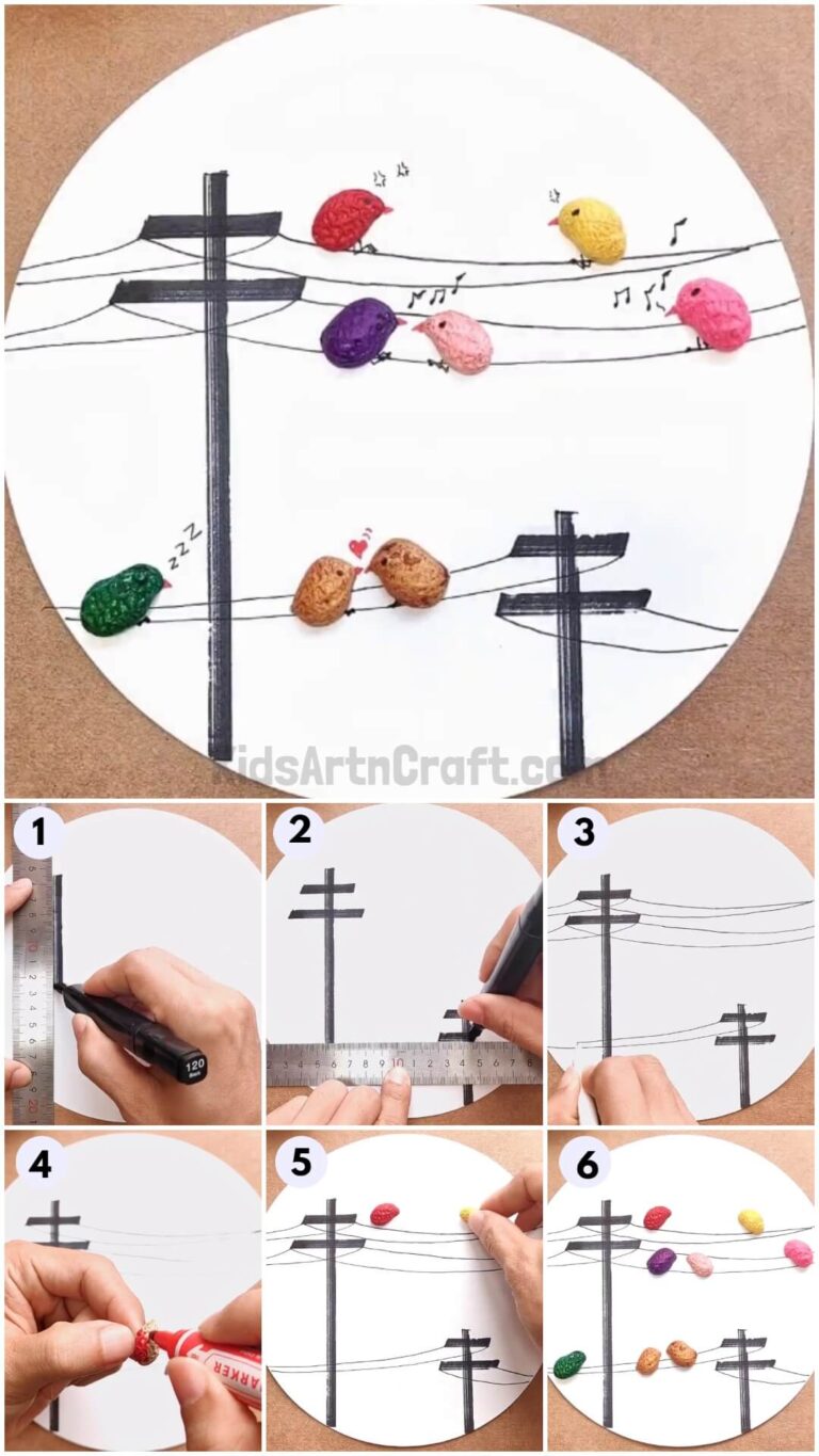 Peanut Shell Birds On Wires Scenery Artwork Tutorial - Kids Art & Craft