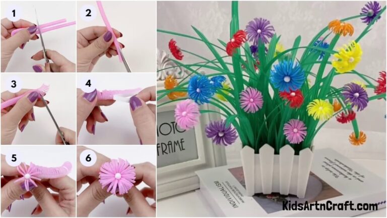 Plastic Straw Falling Flowers Step by Step Tutorial For Kids - Kids Art ...